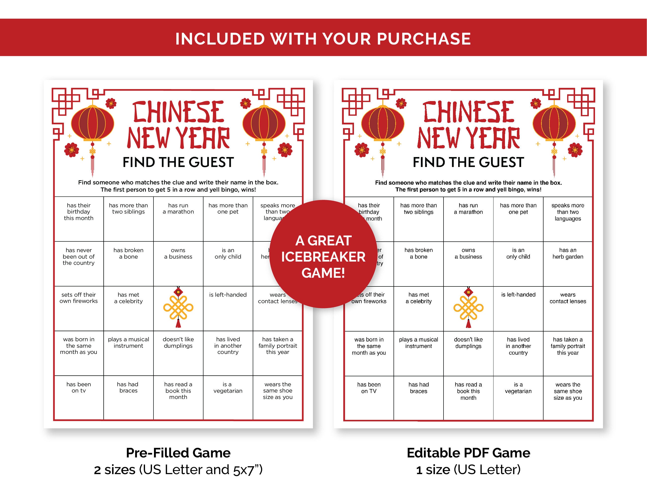 Editable Chinese New Year Find the Guest Bingo, Find Someone Who Human ...