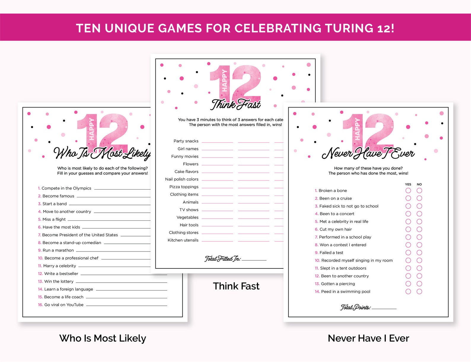 12th Birthday Party Games, Printable Birthday Game Bundle With Birthday ...