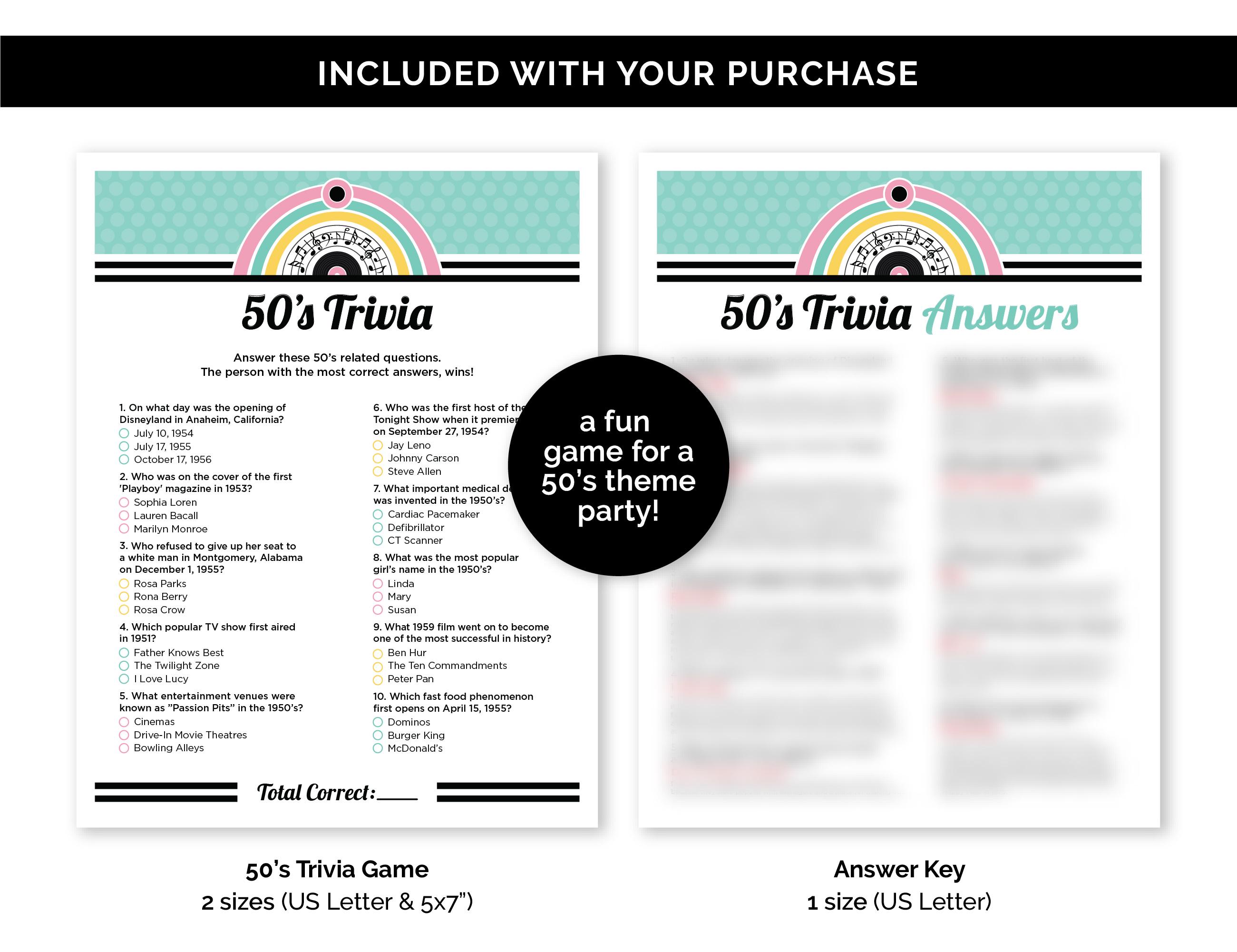 50's Trivia Game, Printable Quiz With Answers for a 50s Theme Party, 1950's Trivia for a Sock ...