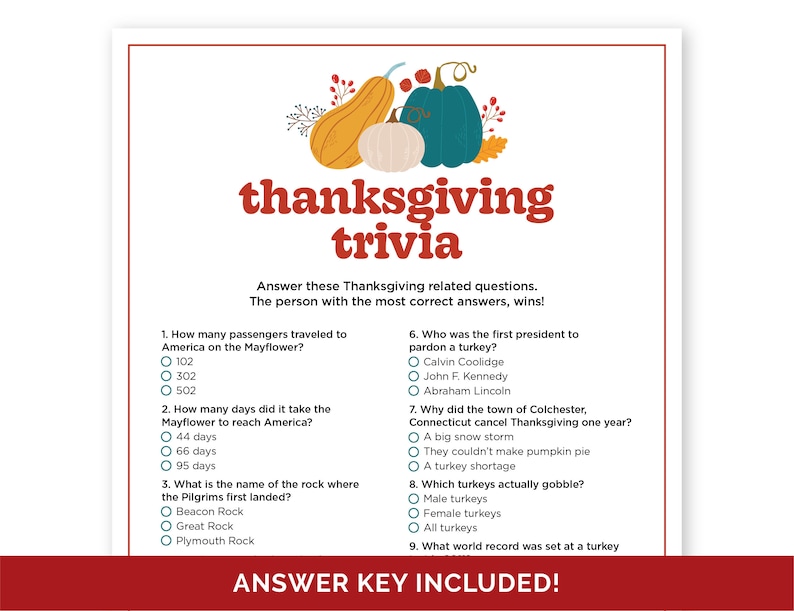 Thanksgiving Trivia Game, Printable Thanksgiving Quiz With Answers ...
