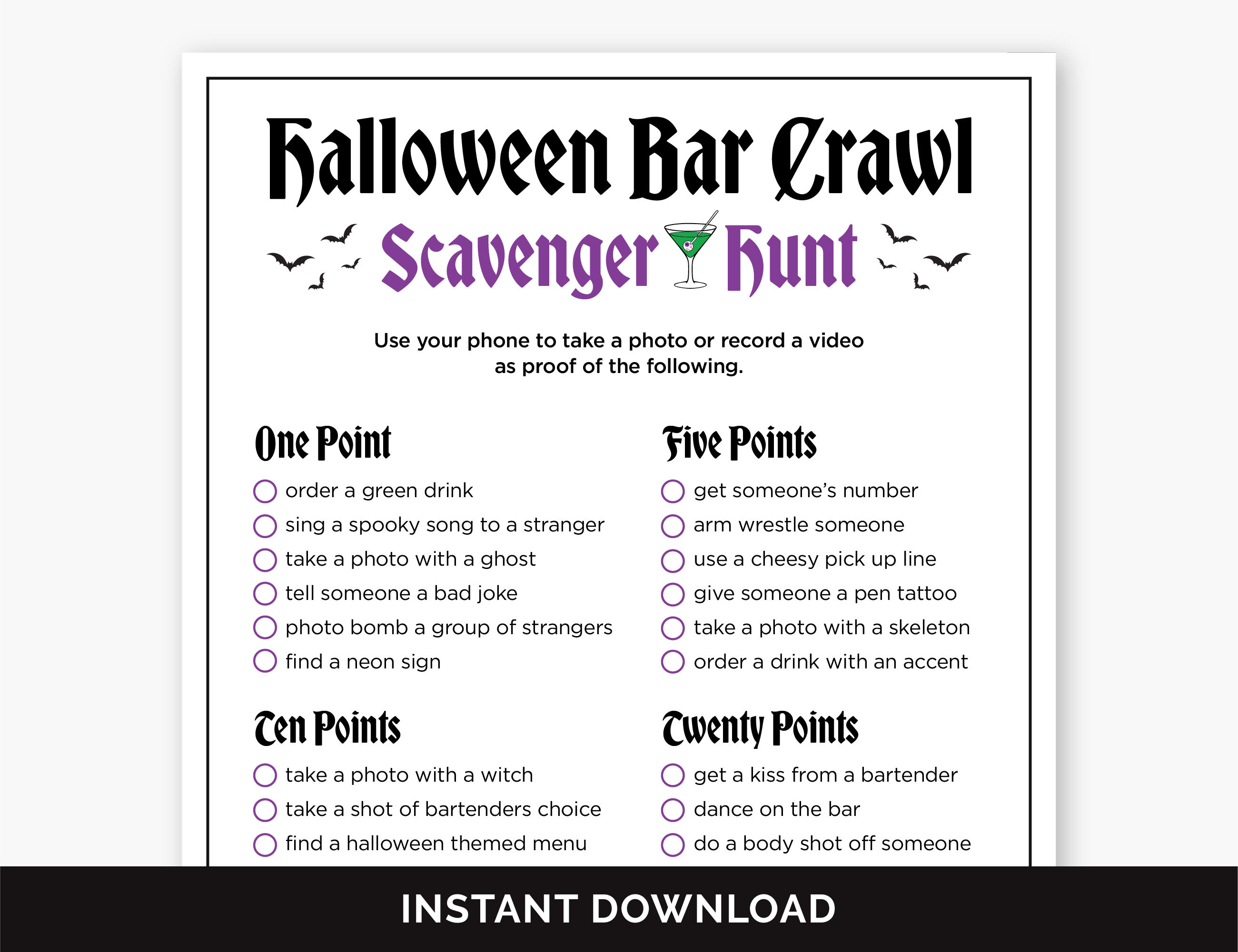 Halloween Bar Crawl Scavenger Hunt, Printable Halloween Bar Hopping ...