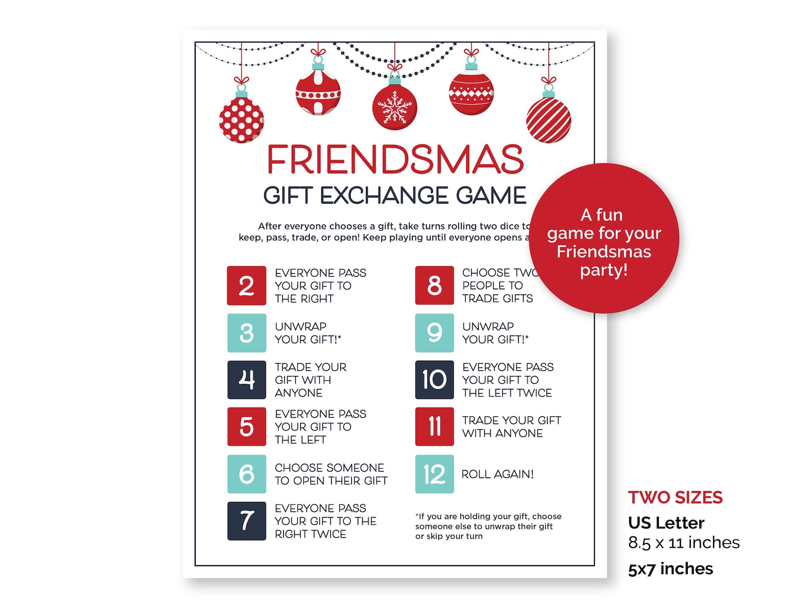 Friendsmas Gift Exchange Dice Game, Printable Holiday White Elephant ...