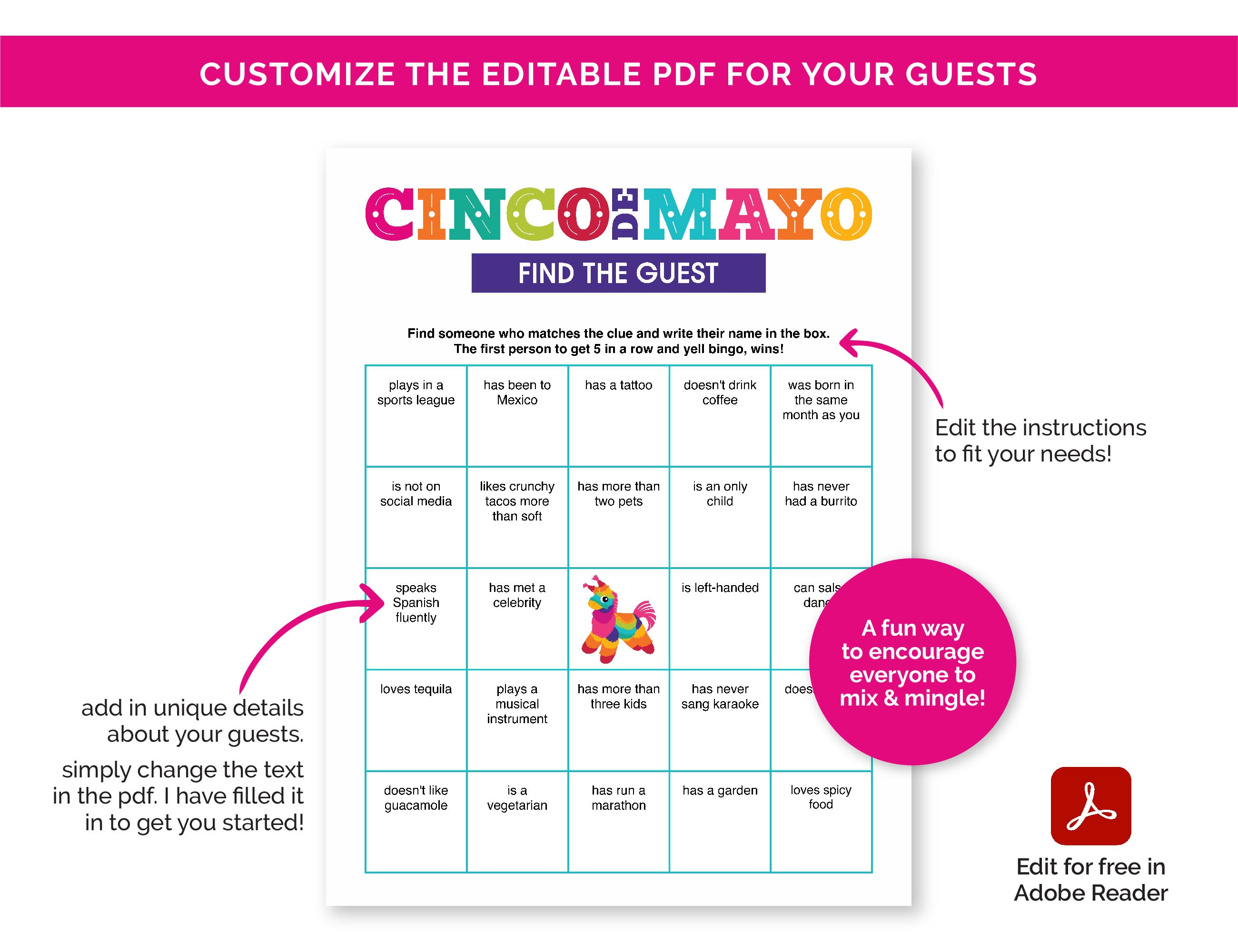 Cinco De Mayo Find the Guest Bingo Game, Printable Office Team-building ...