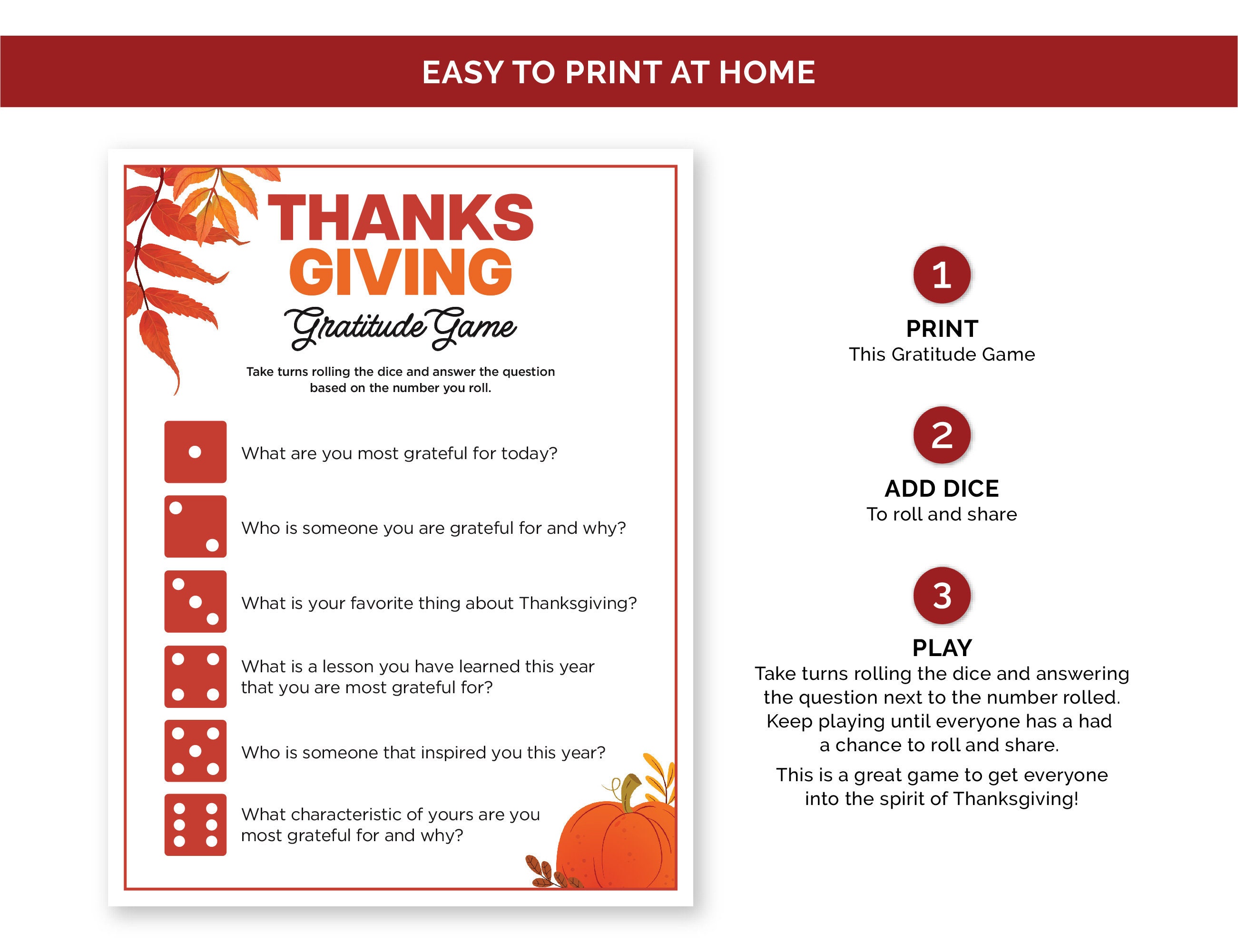 Thanksgiving Gratitude Dice Game, Printable Roll and Share Thanksgiving ...