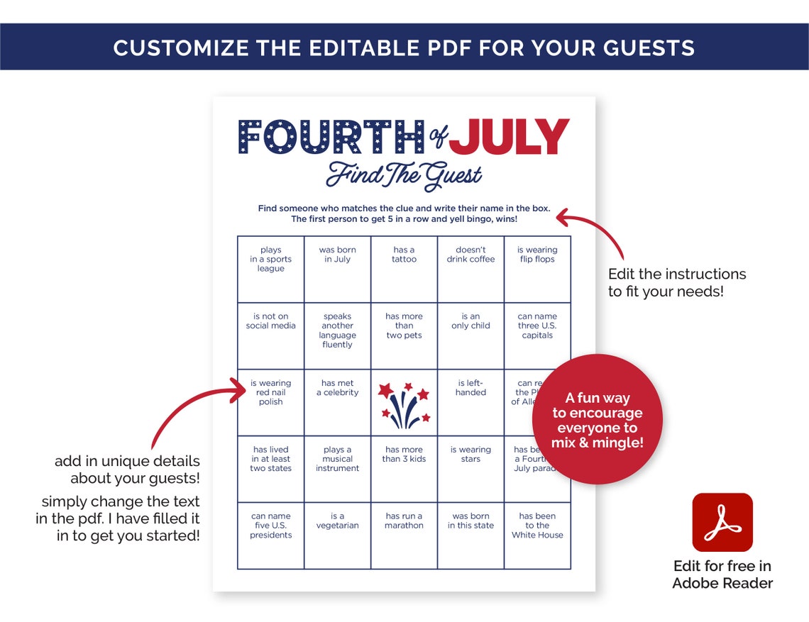 Fourth of July Find the Guest Bingo Game, Printable Party Game for a ...
