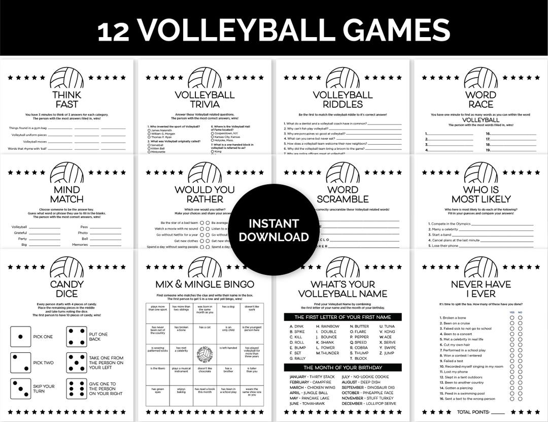 Volleyball Games, Printable Games Bundle for a Volleyball Team Party ...