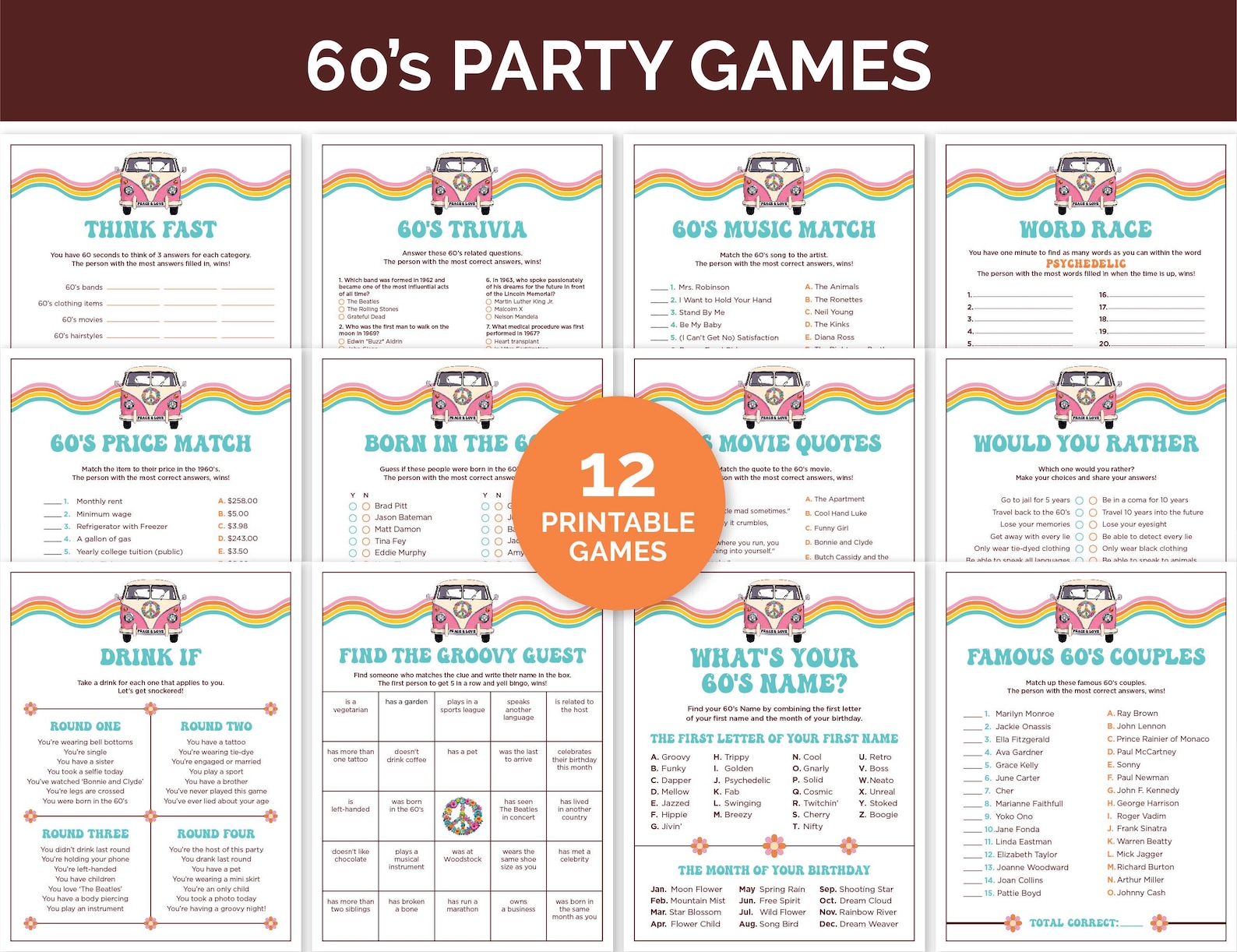 60s Party Games, Printable Games Bundle for a 60s Theme Party, Back to ...