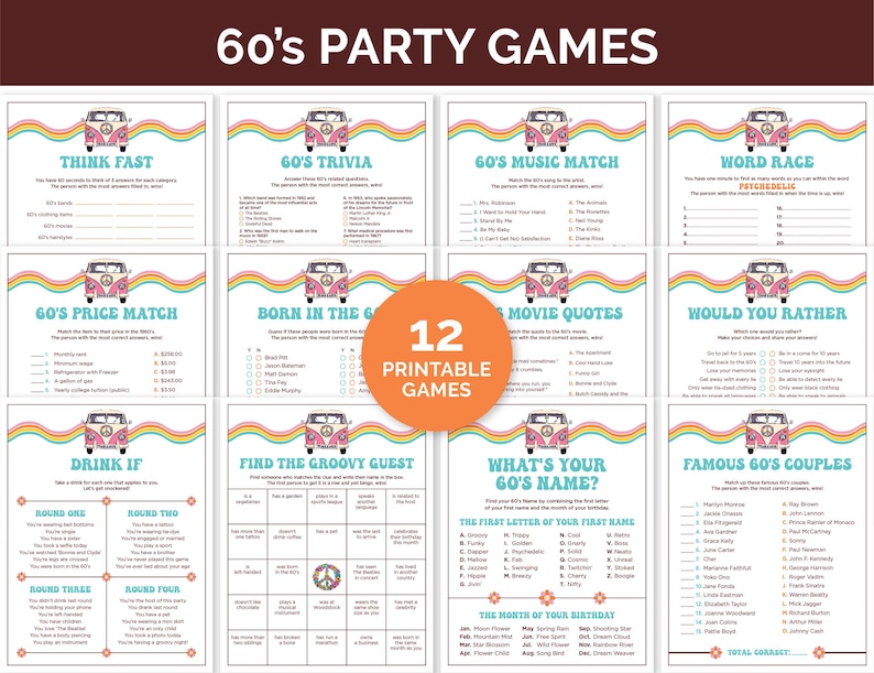 60s Party Games, Printable Games Bundle for a 60s Theme Party, Back to ...