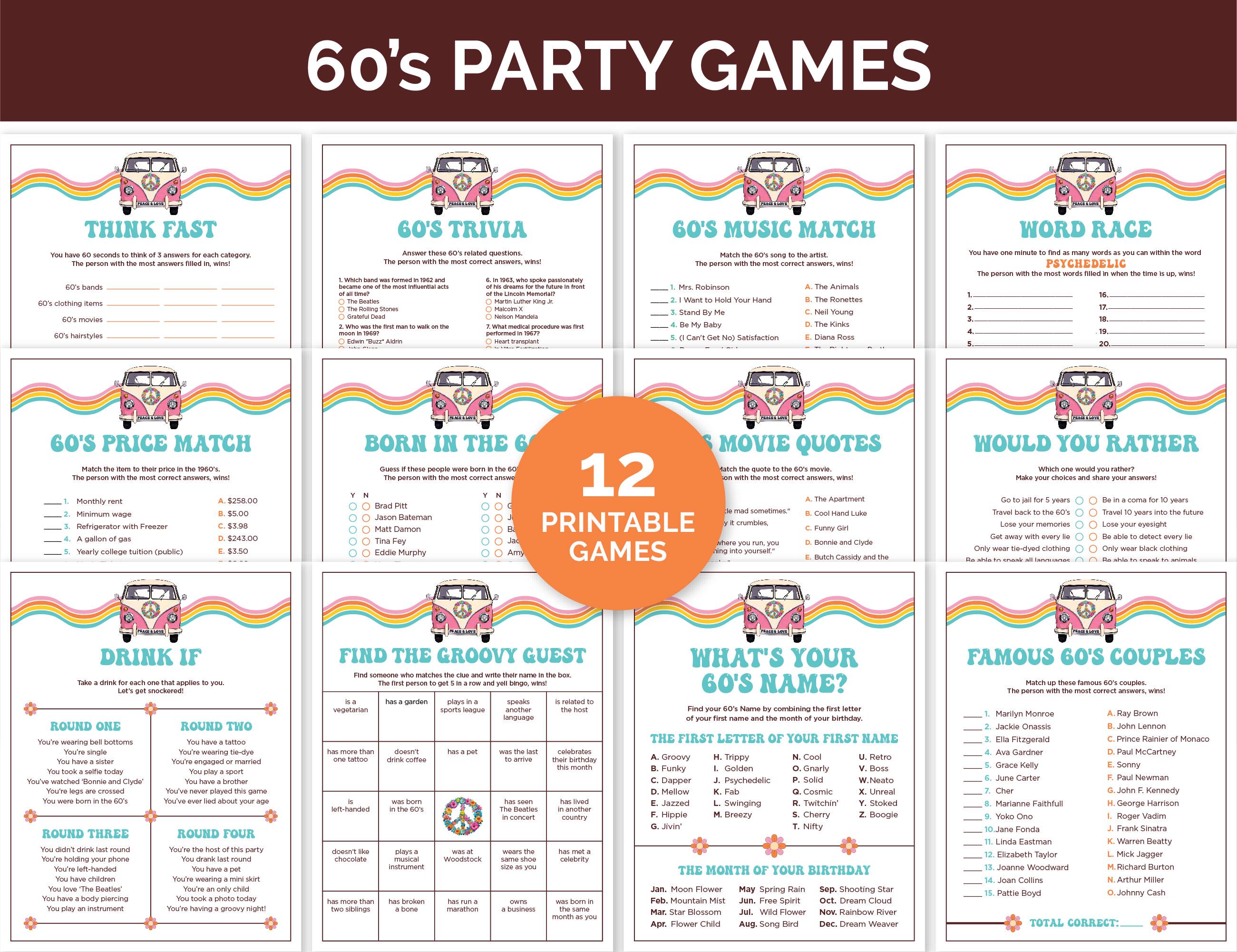 60s Party Games, Printable Games Bundle for a 60s Theme Party, Back to ...