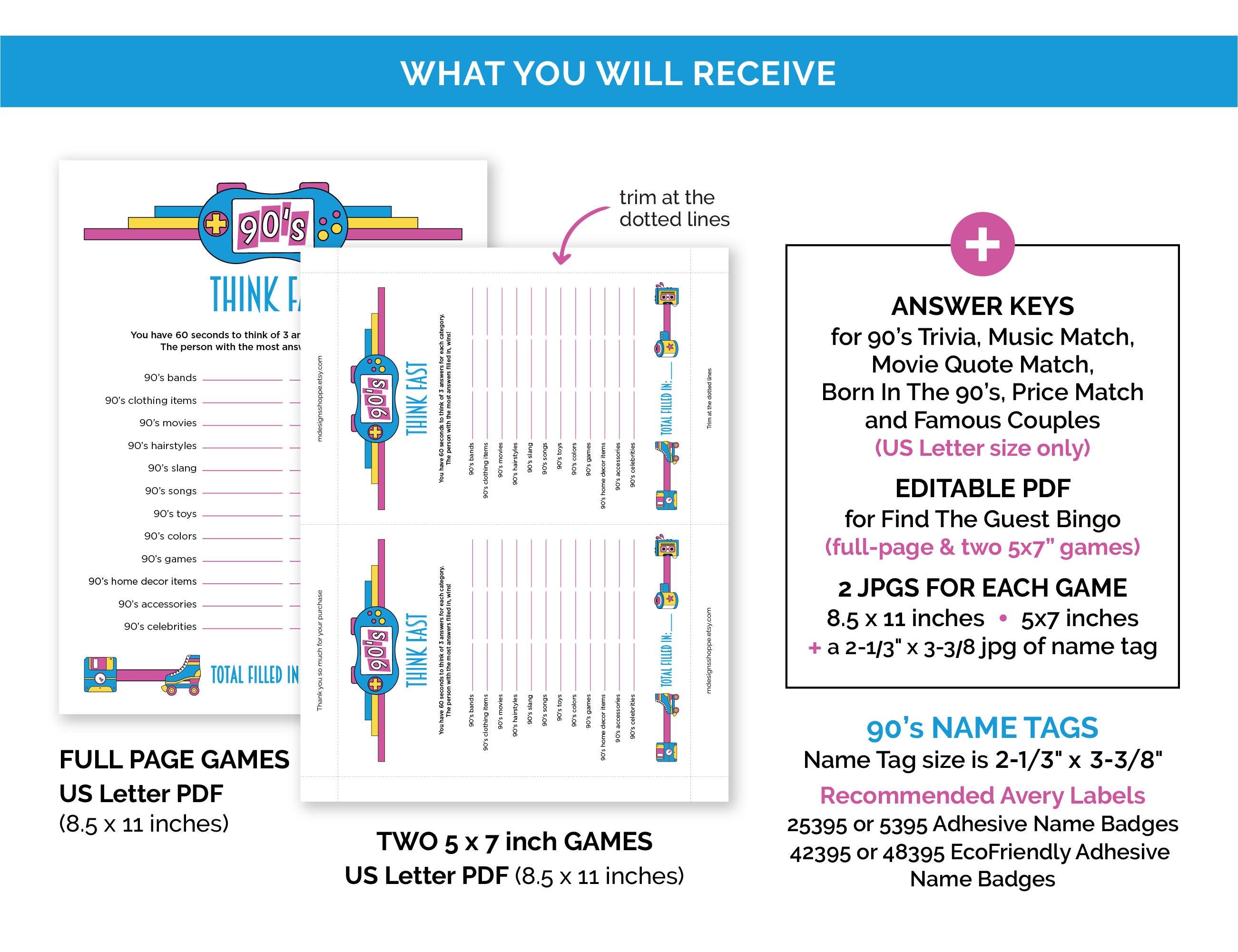 90s Party Games, Printable Game Bundle for a 90s Theme Party, Games for ...