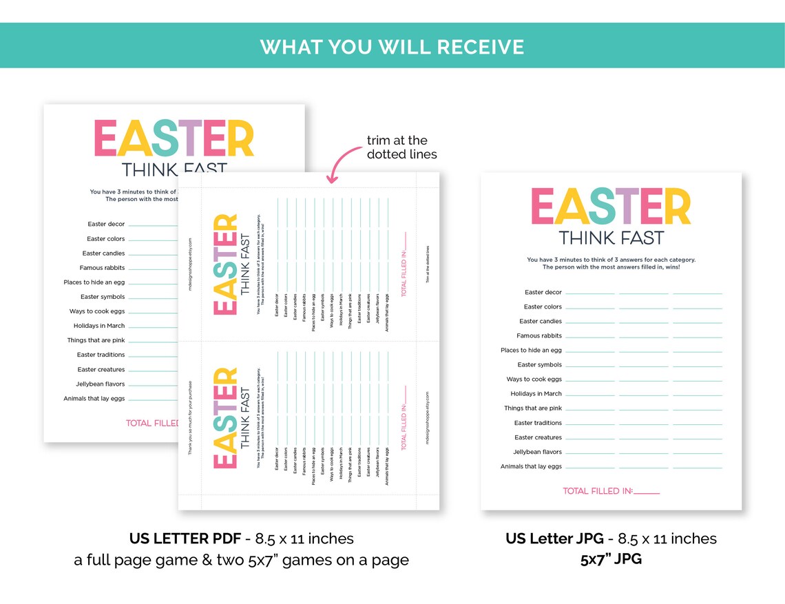 Easter Think Fast Game, Printable Quick Think Easter Party Game for ...