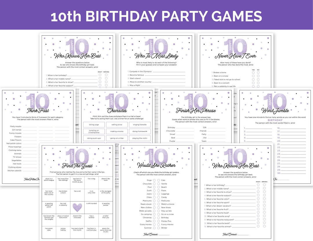 Purple 10th Birthday Party Games, Printable Tenth Birthday Games With ...