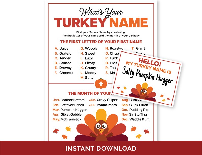 What's Your Turkey Name Game, Printable Thanksgiving Party Game for ...