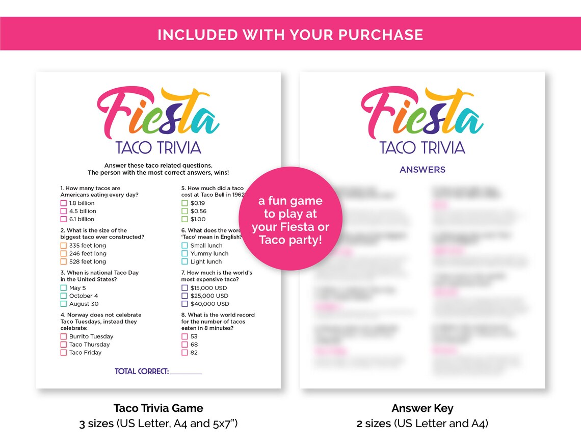 Fiesta Taco Trivia Game, Printable Trivia Game for a Taco Party, Final ...