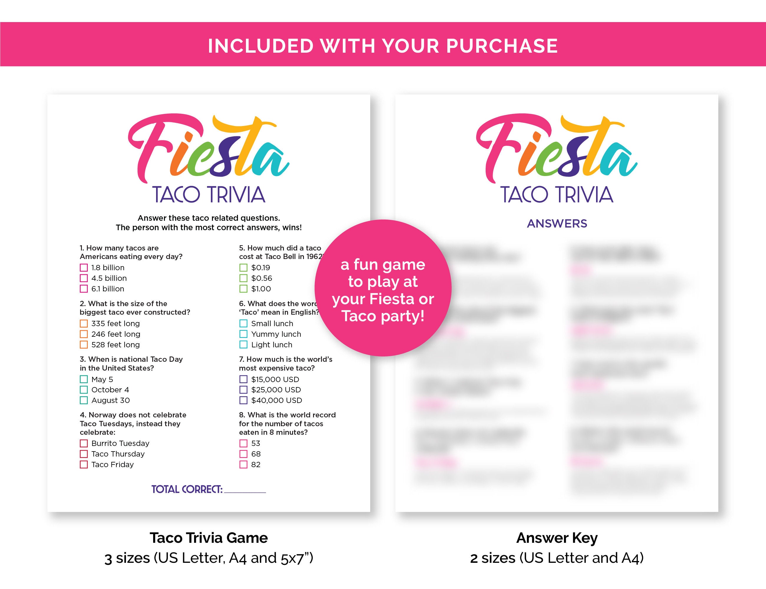 Fiesta Taco Trivia Game, Printable Trivia Game for a Taco Party, Final ...