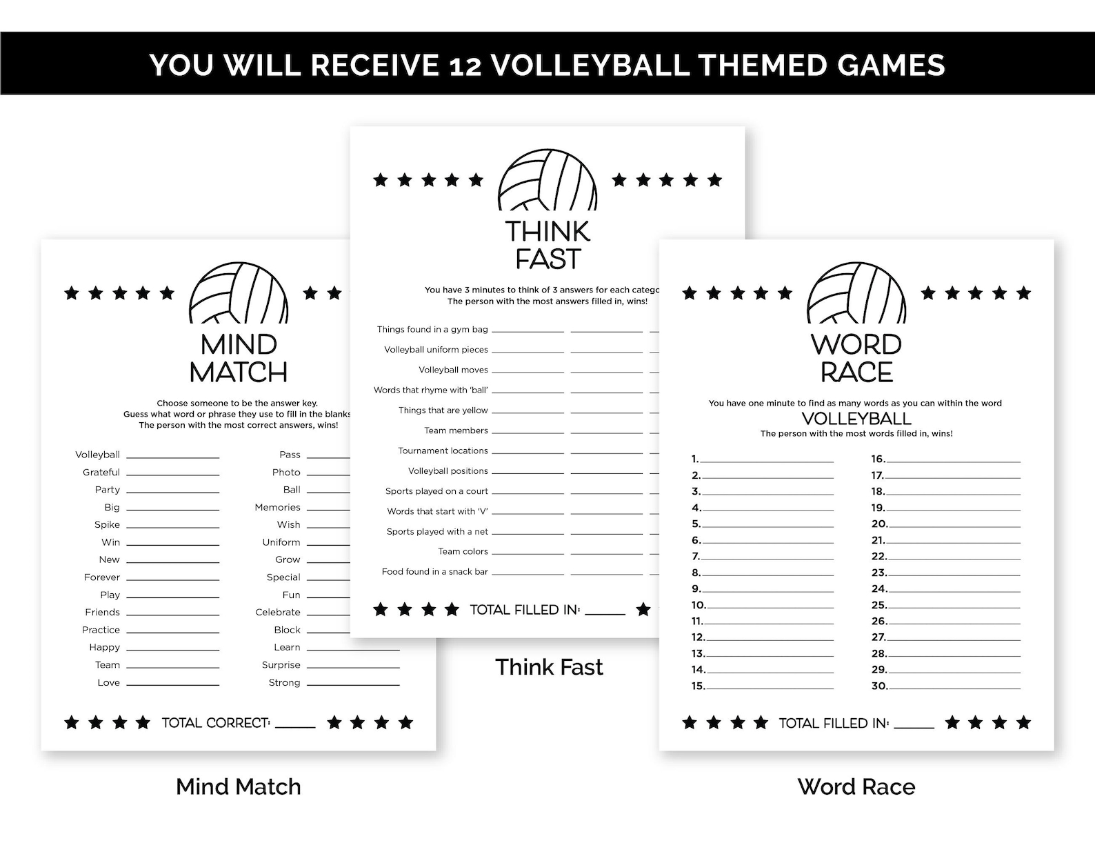 Volleyball Games, Printable Games Bundle for a Volleyball Team Party ...