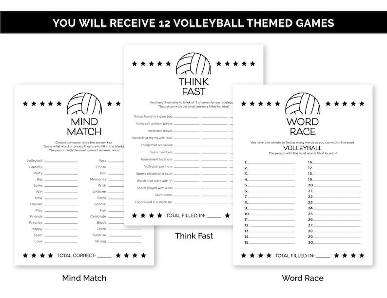 Volleyball Games, Printable Games Bundle for a Volleyball Team Party ...