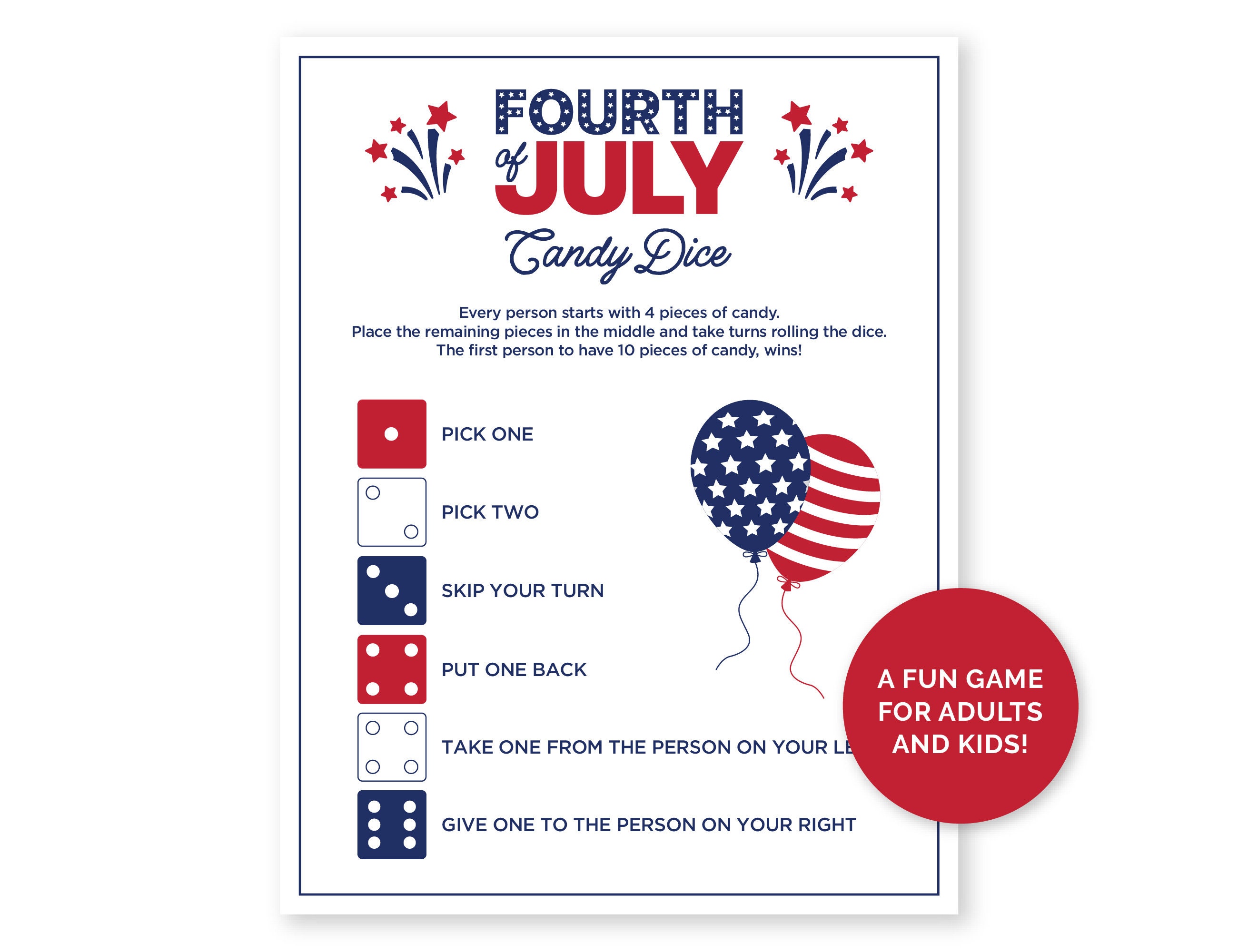 Fourth of July Candy Dice Game, Printable 4th of July Party Game for ...