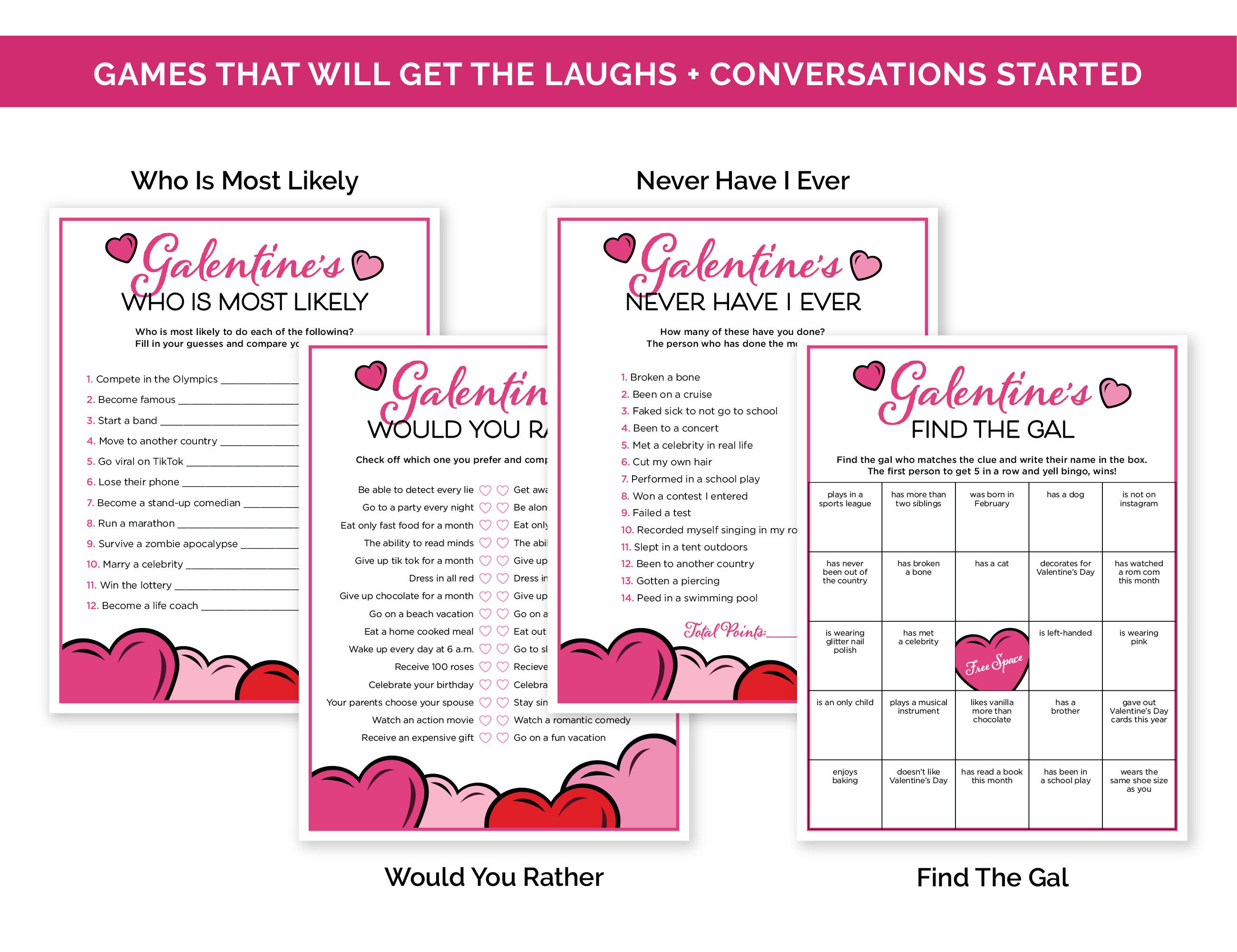 Galentine's Games for Teens, Printable Valentine's Day Games Bundle for ...