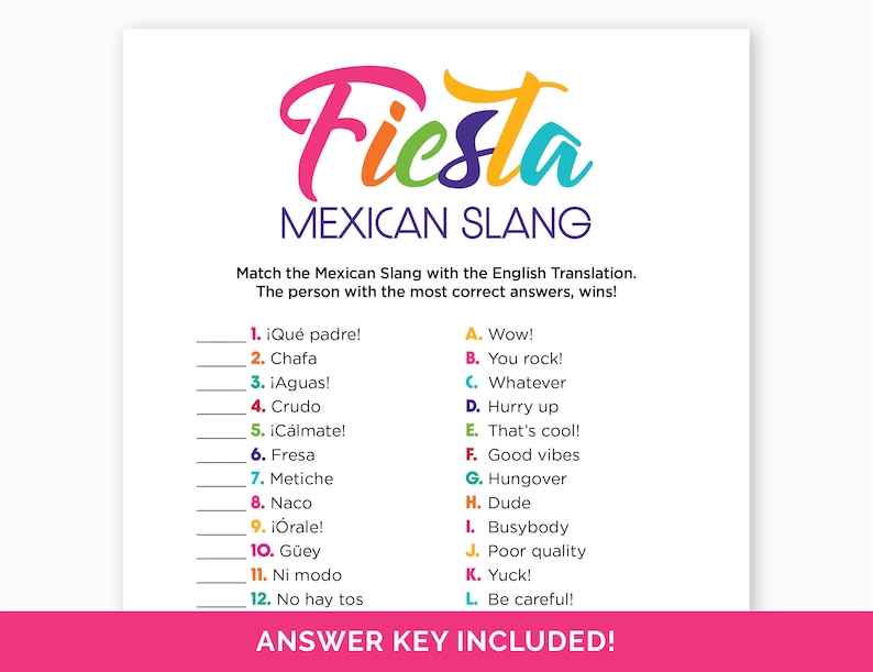 Fiesta Mexican Slang Game, Printable Trivia Game for a Fiesta Birthday ...