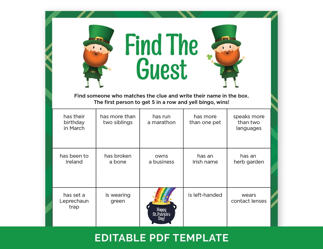 Editable St. Patricks Day Find the Guest Bingo, St. Paddys Day Party ...