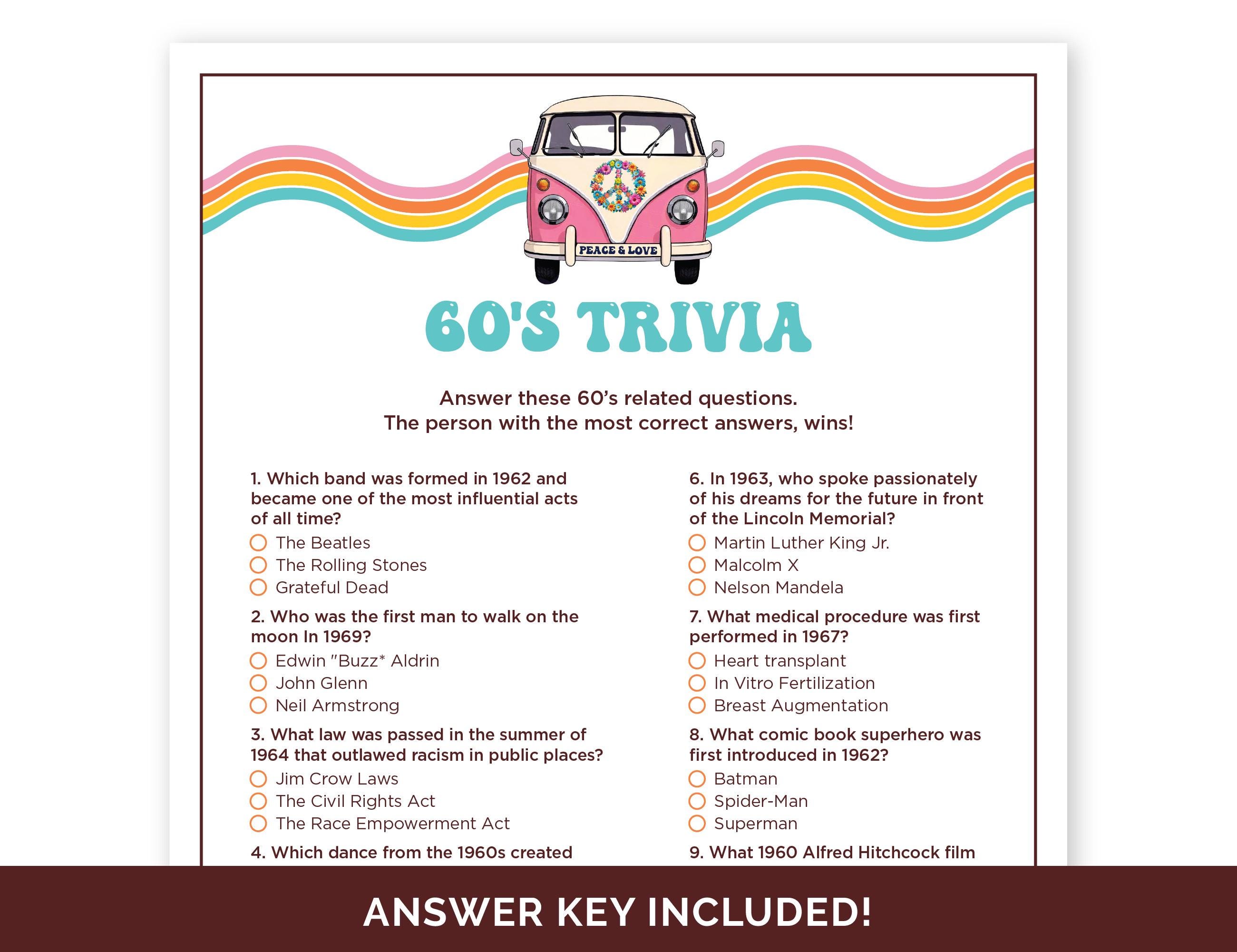 60's Trivia Game, Printable Quiz With Answers for a 60's Theme Party ...