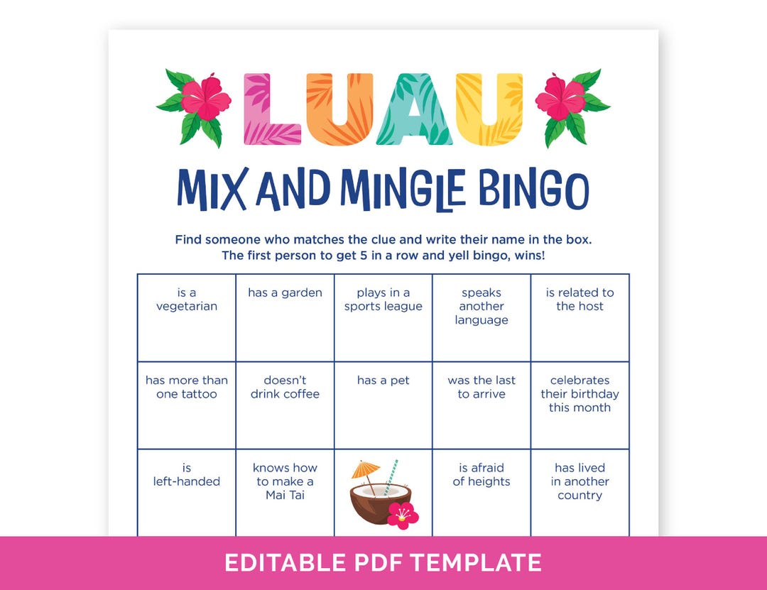 Editable Luau Mix & Mingle Bingo, Hawaiian Tiki Party Icebreaker Game ...