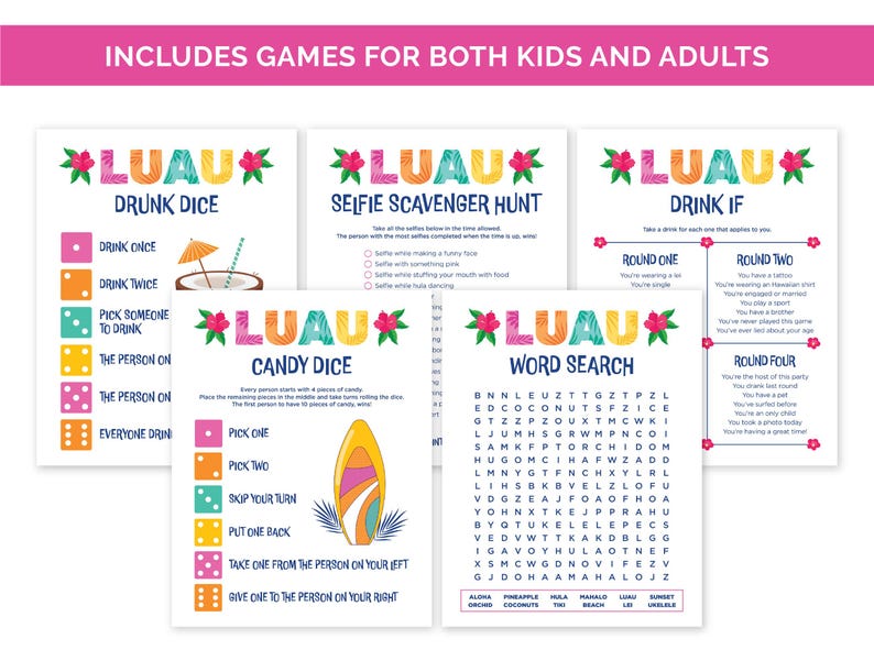 Luau Games Bundle, Hawaiian Theme Summer Party Games, Aloha Games for a ...