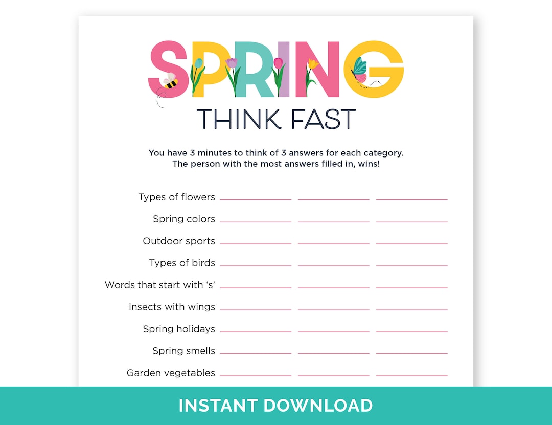 Spring Think Fast Game, Printable Quick Think Spring Party Game for ...