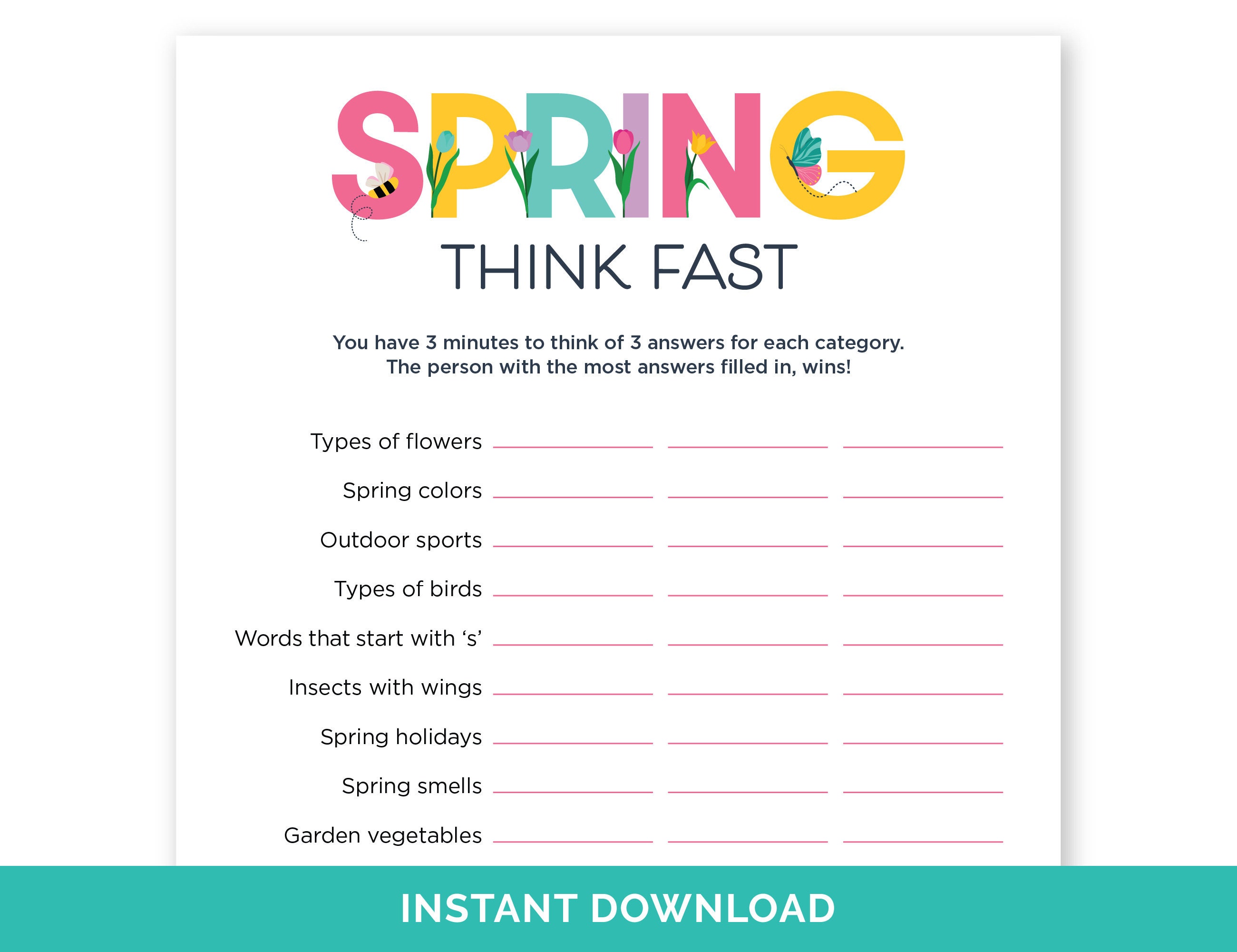 Spring Think Fast Game, Printable Quick Think Spring Party Game for ...