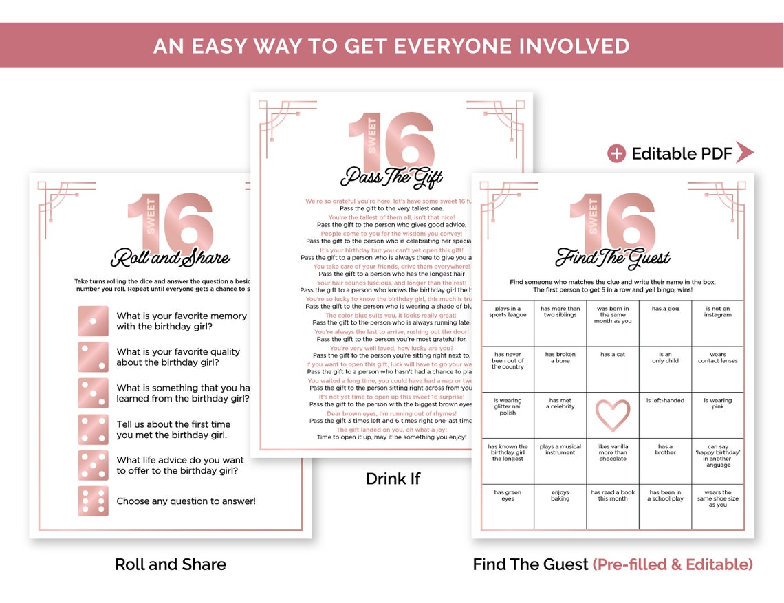 Sweet 16 Party Games, Printable Sweet Sixteen Games Bundle, 16th Birthday Party Games for Her ...