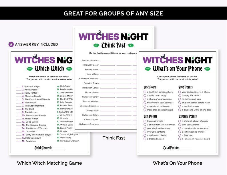 Witches Night Out Games, Printable Games Bundle for a Halloween Girls ...