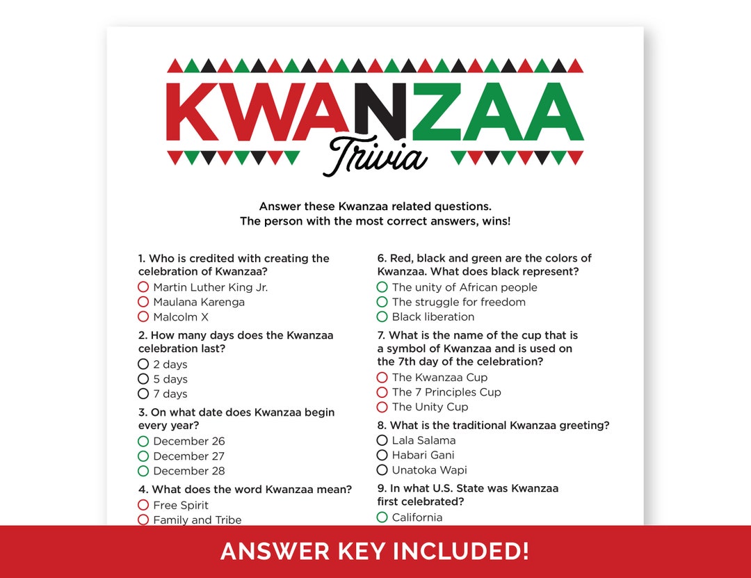 Kwanzaa Trivia Game, Printable Quiz for a Family or Classroom Kwanzaa ...
