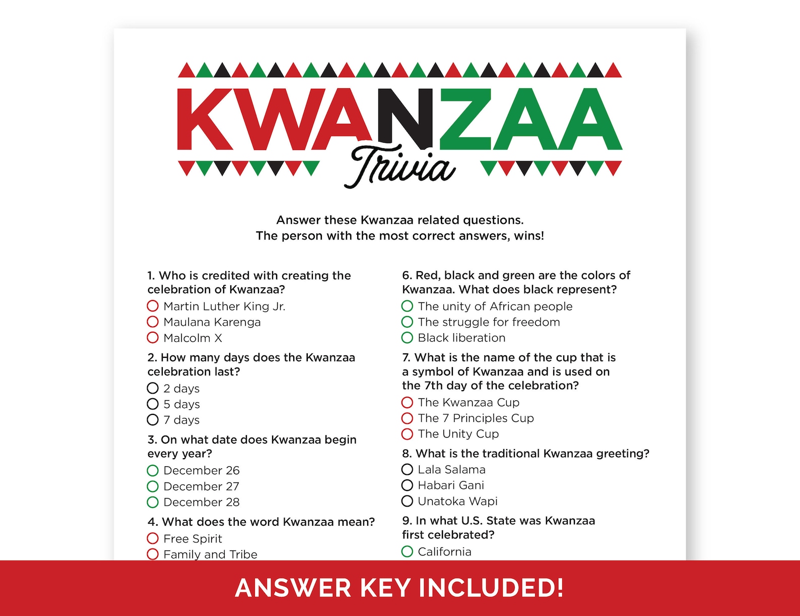 Kwanzaa Trivia Game, Printable Quiz for a Family or Classroom Kwanzaa ...
