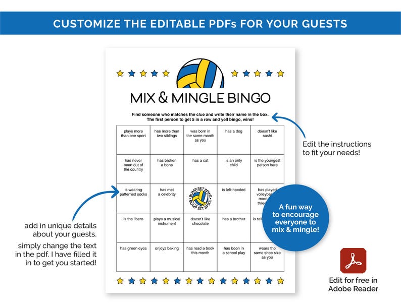 Editable Volleyball Mix & Mingle Bingo, Volleyball Team Building Game ...