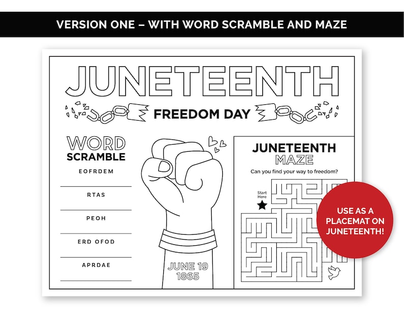 Juneteenth Kids Coloring and Activities Page, Printable Kids Activity ...