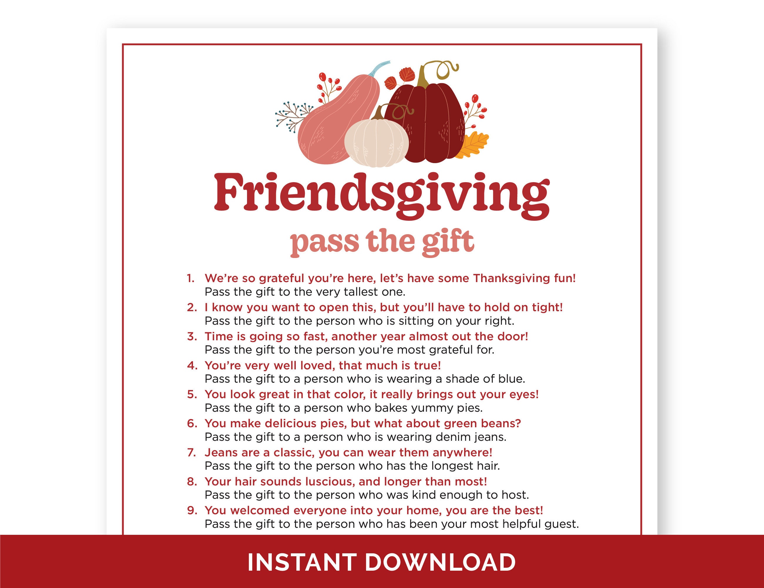 Friendsgiving Pass the Gift Game, Printable Pass the Present ...