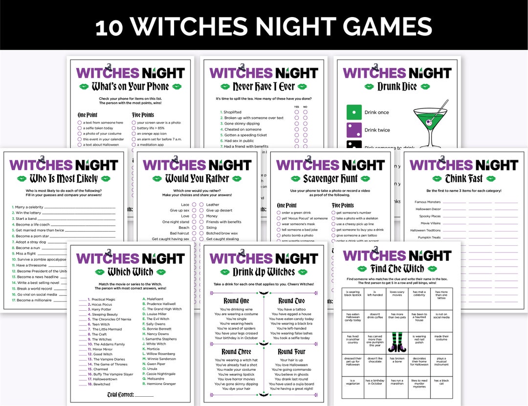 Witches Night Out Games, Printable Games Bundle for a Halloween Girls ...