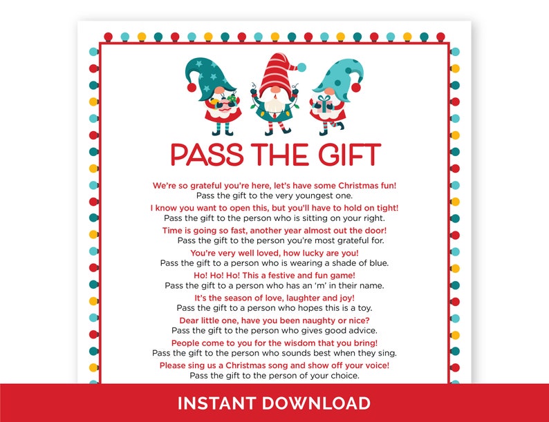 Christmas Pass the Gift Game, Printable Pass the Present Holiday Party ...