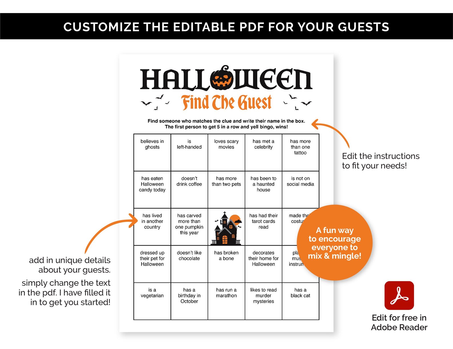 Editable Halloween Find the Guest Bingo Game, Icebreaker Game for a ...