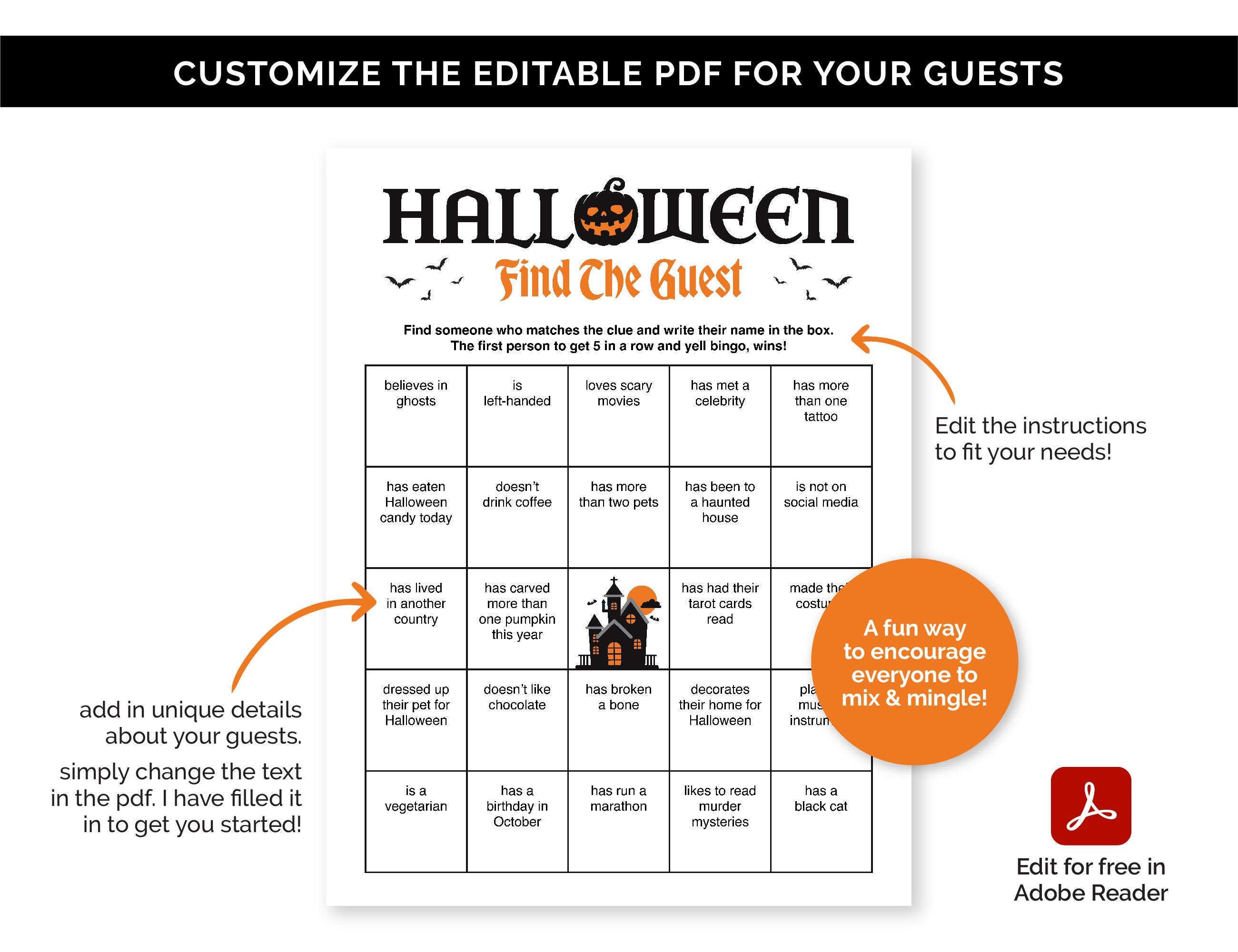 Editable Halloween Find the Guest Bingo Game, Icebreaker Game for a ...