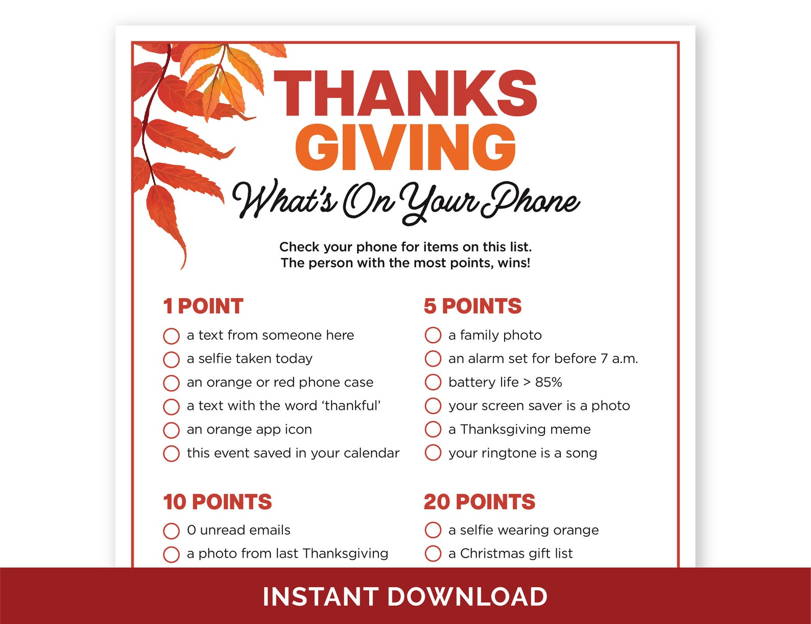 Thanksgiving What's on Your Phone Game, Printable Thanksgiving Office ...