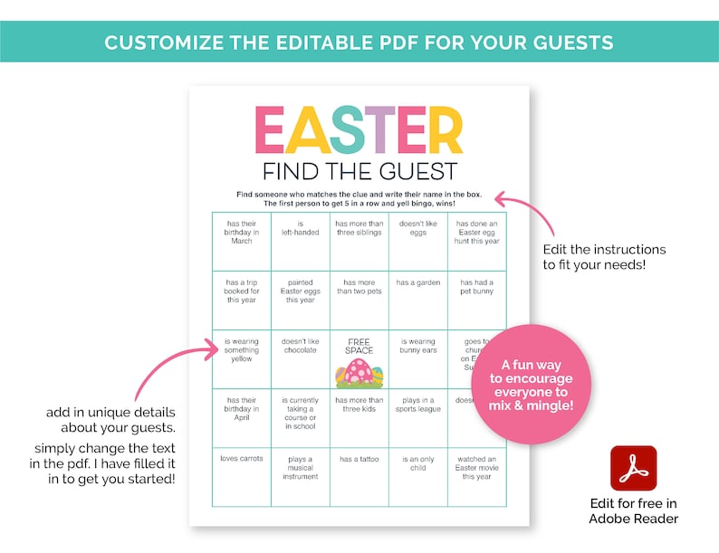 Editable Easter Find the Guest Bingo, Icebreaker Game for an Easter ...