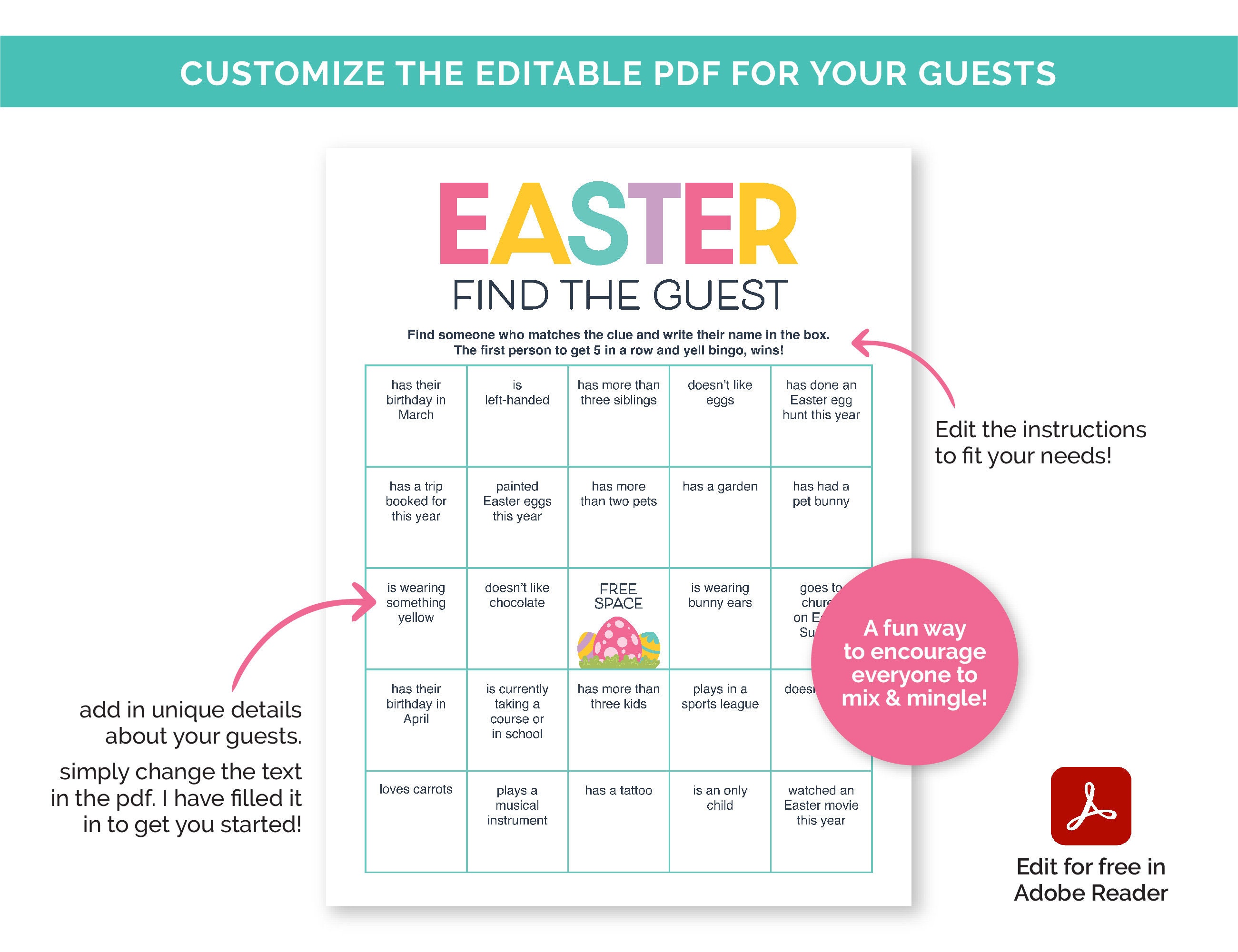 Editable Easter Find the Guest Bingo, Icebreaker Game for an Easter ...