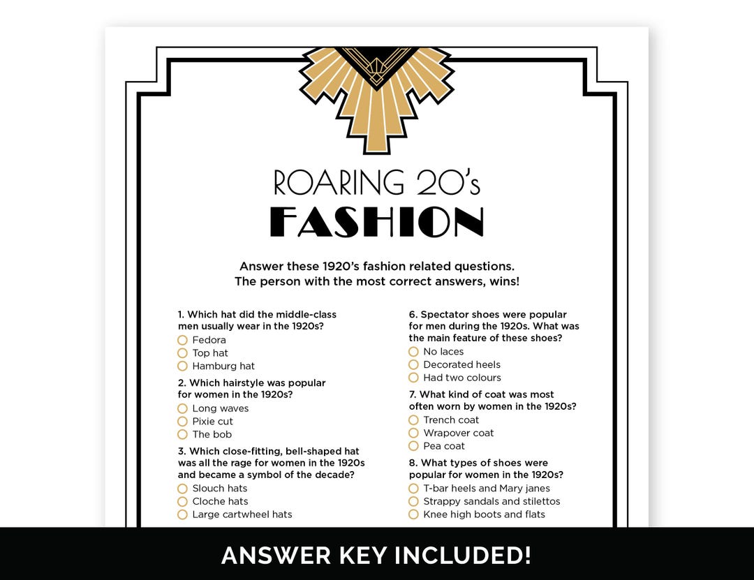 1920's Fashion Trivia Game, Printable Fashion Quiz for a Roaring ...