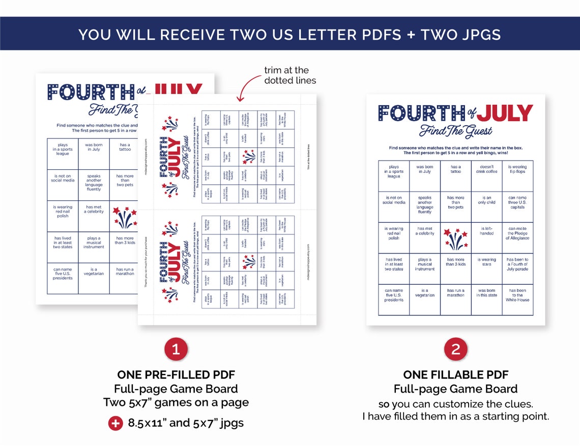 Fourth of July Find the Guest Bingo Game Printable Party Game - Etsy