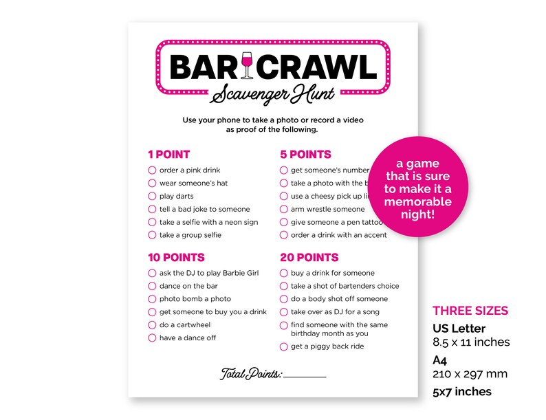 Bar Crawl Scavenger Hunt, Printable Bar Hopping Game for a Birthday Bar ...