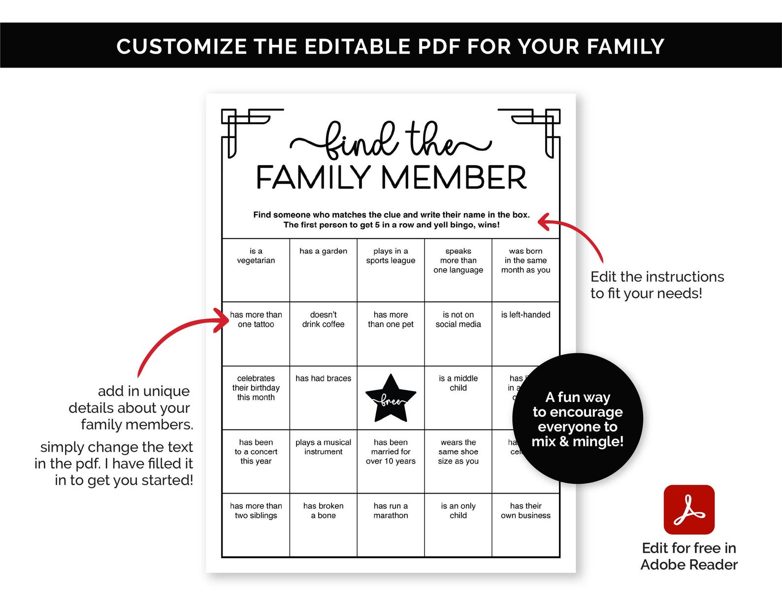 Editable Family Reunion Bingo Game, Find Someone Who Family Party Game ...
