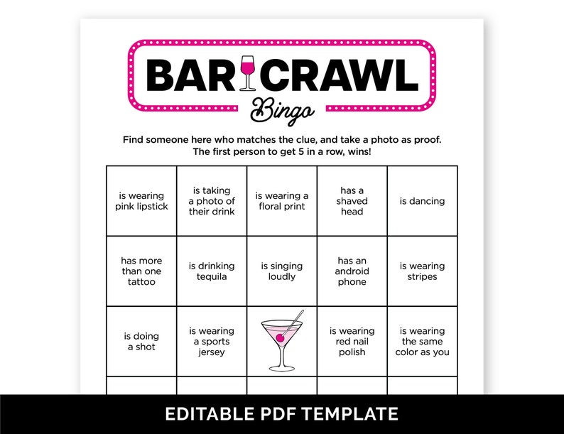Editable Bar Crawl Bingo Game, Printable Find Someone Who Bar Hopping ...