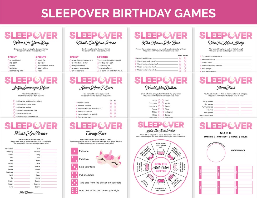 Sleepover Birthday Party Games, Printable Games Bundle for a Slumber ...